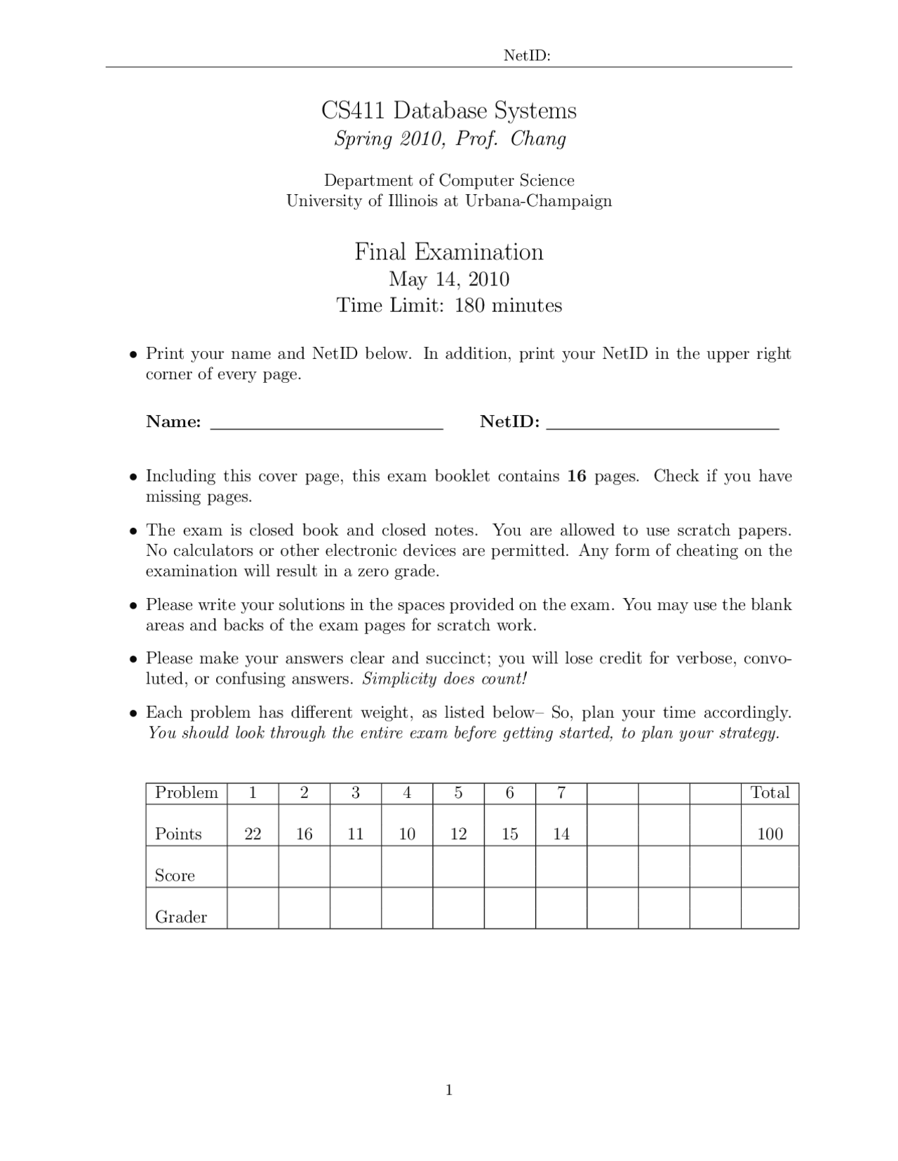 Final Examination Problems Database Systems Cs 411 Docsity
