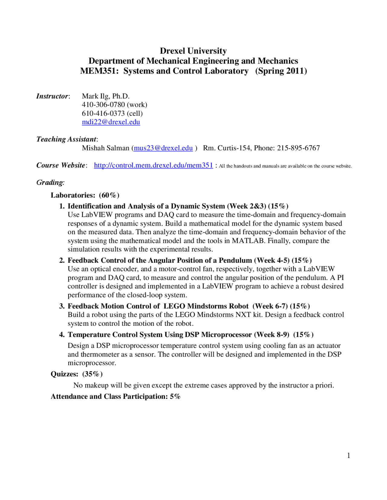 Systems and Control Laboratory - Dynamic Systems Laboratory I | MEM 351 - Docsity