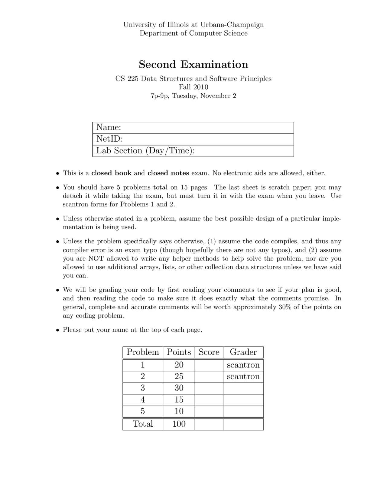 Second Examination Data Structures And Software Principles Cs 225 Docsity