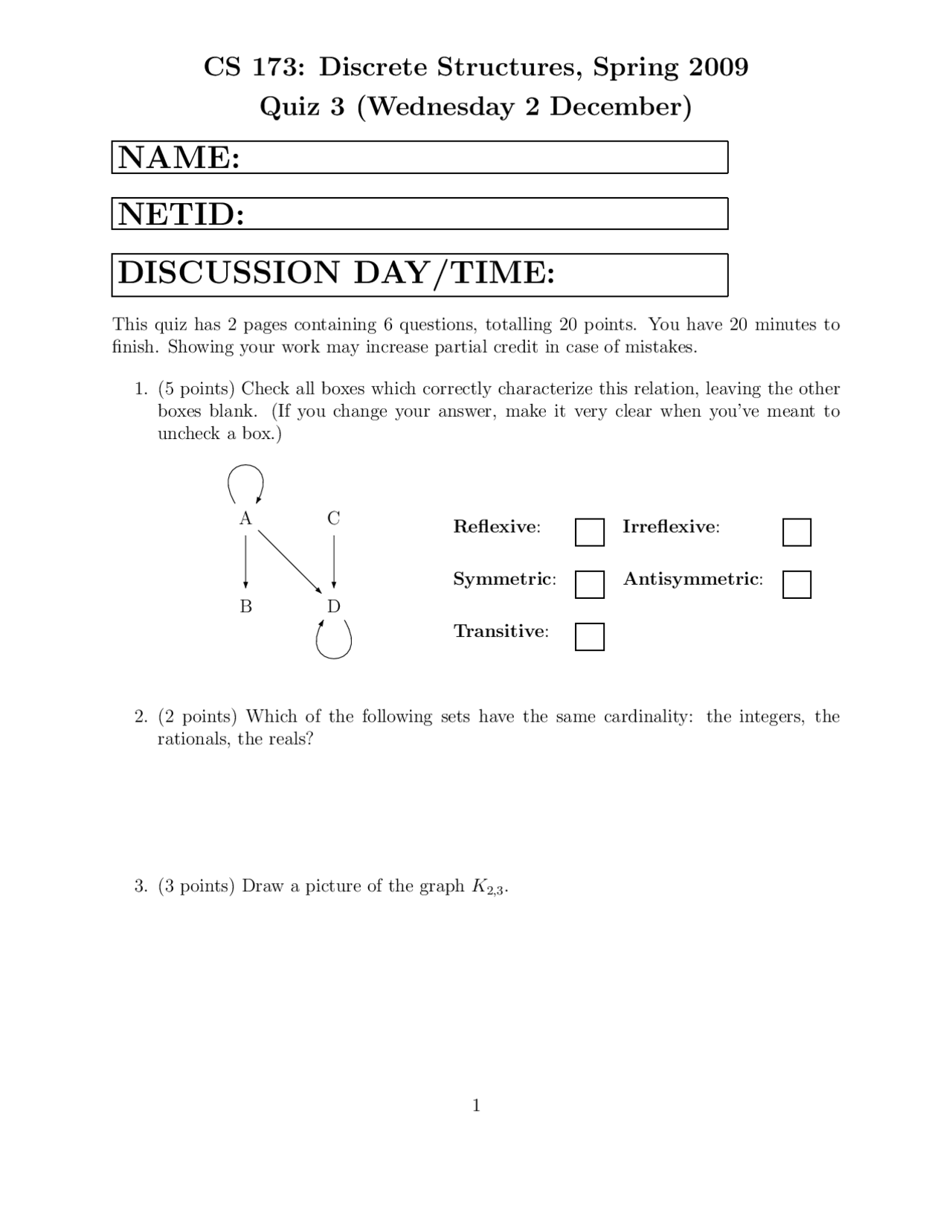 Quiz 3 Solutions For Discrete Structures Cs 173 Docsity