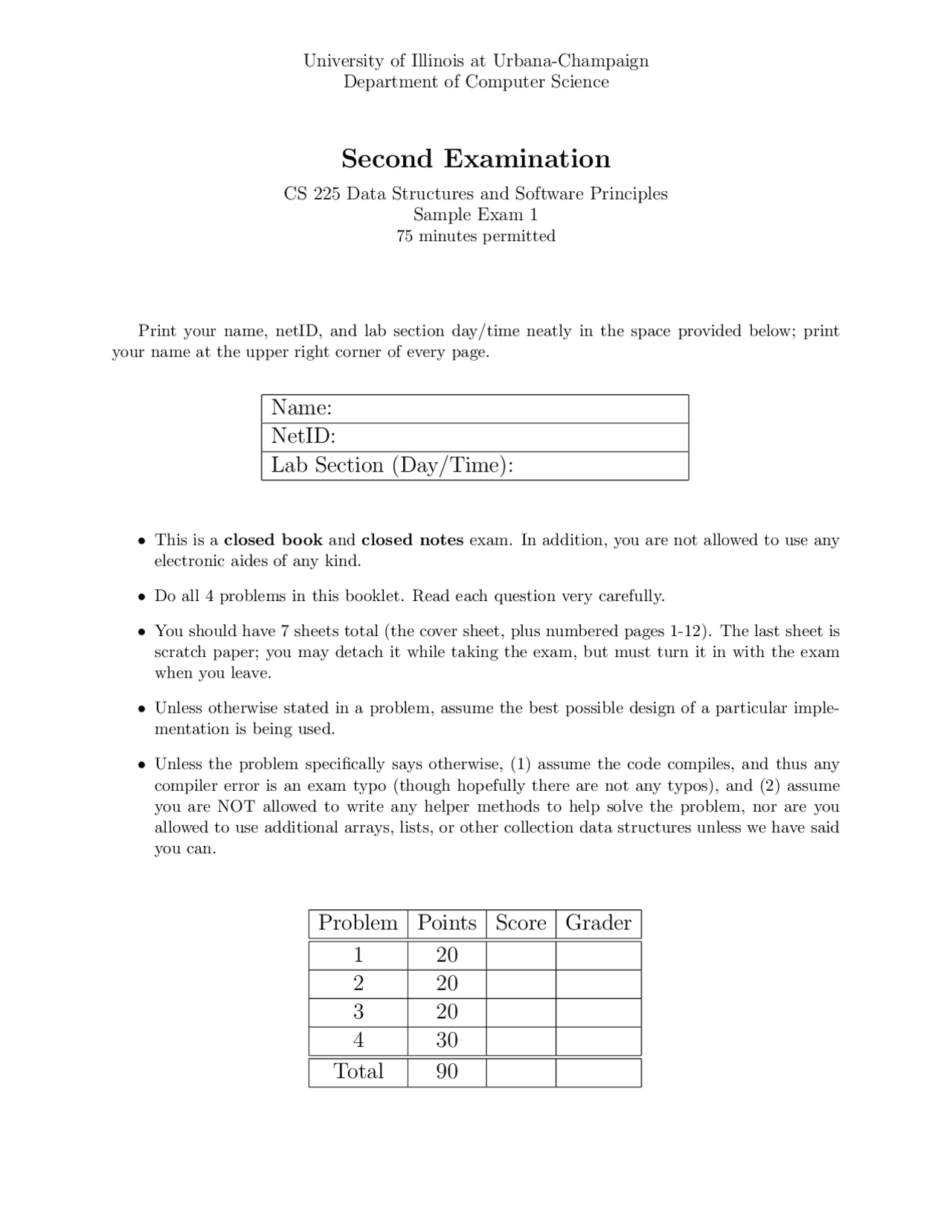 Second Sample Exam 1 Data Structures And Software Principles Cs 225 Docsity