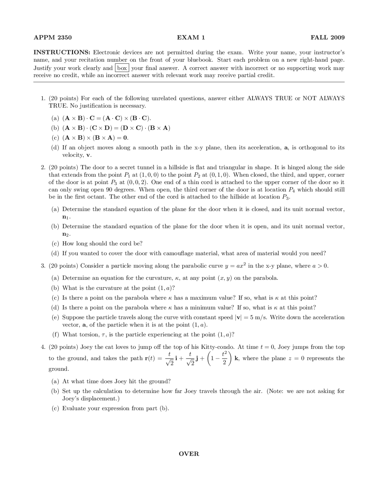 Exam 1 Calculus Iii For Engineers Appm 2350 Docsity