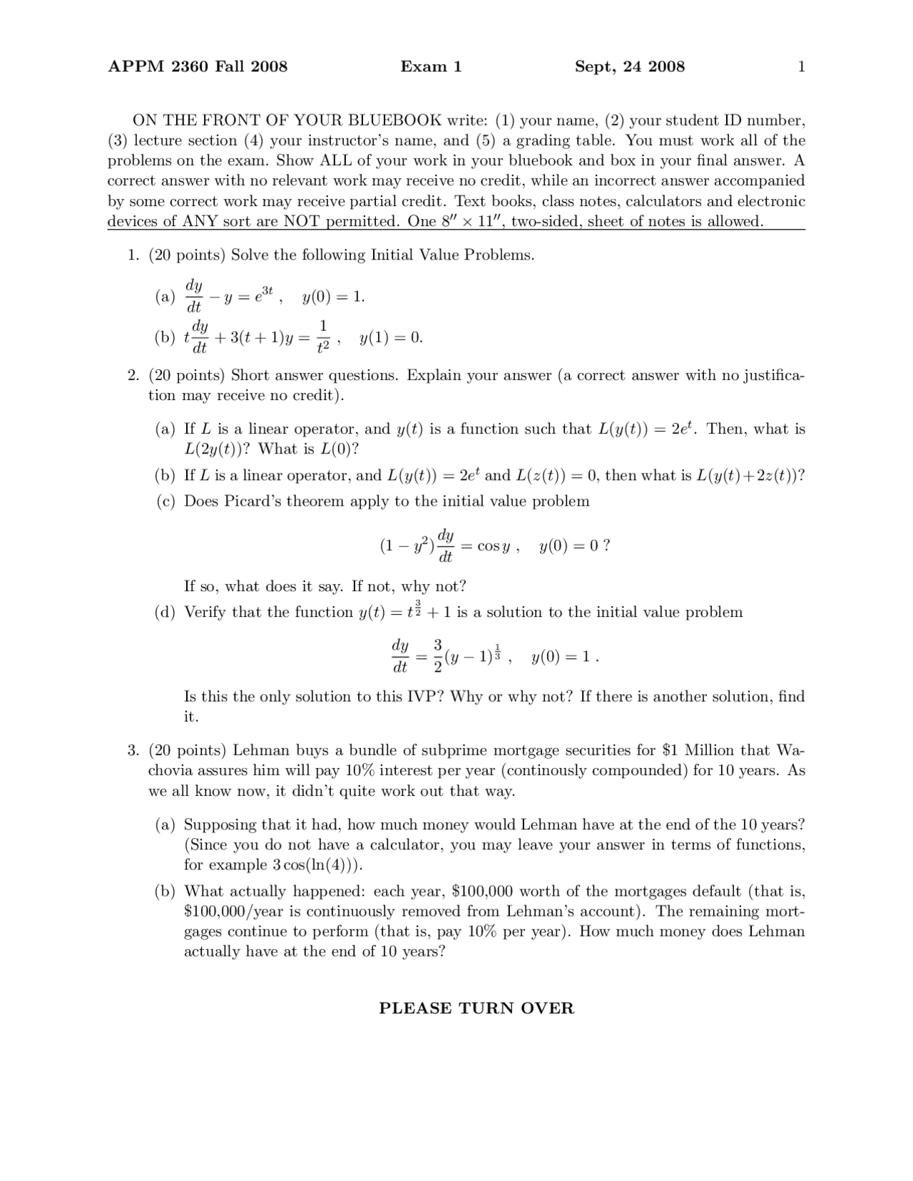 Resolution To Past Exam 1 Differential Equations With Linear Algebra