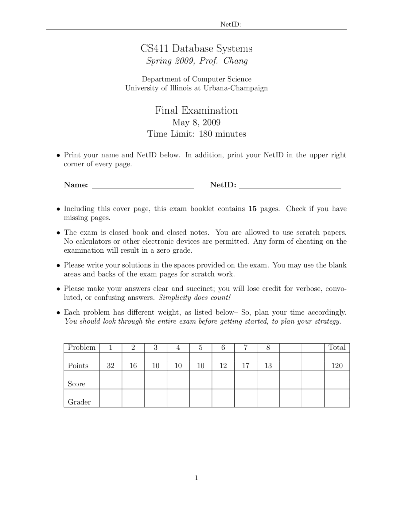 8 Problems on Database Systems - Final Exam | CS 411 - Docsity