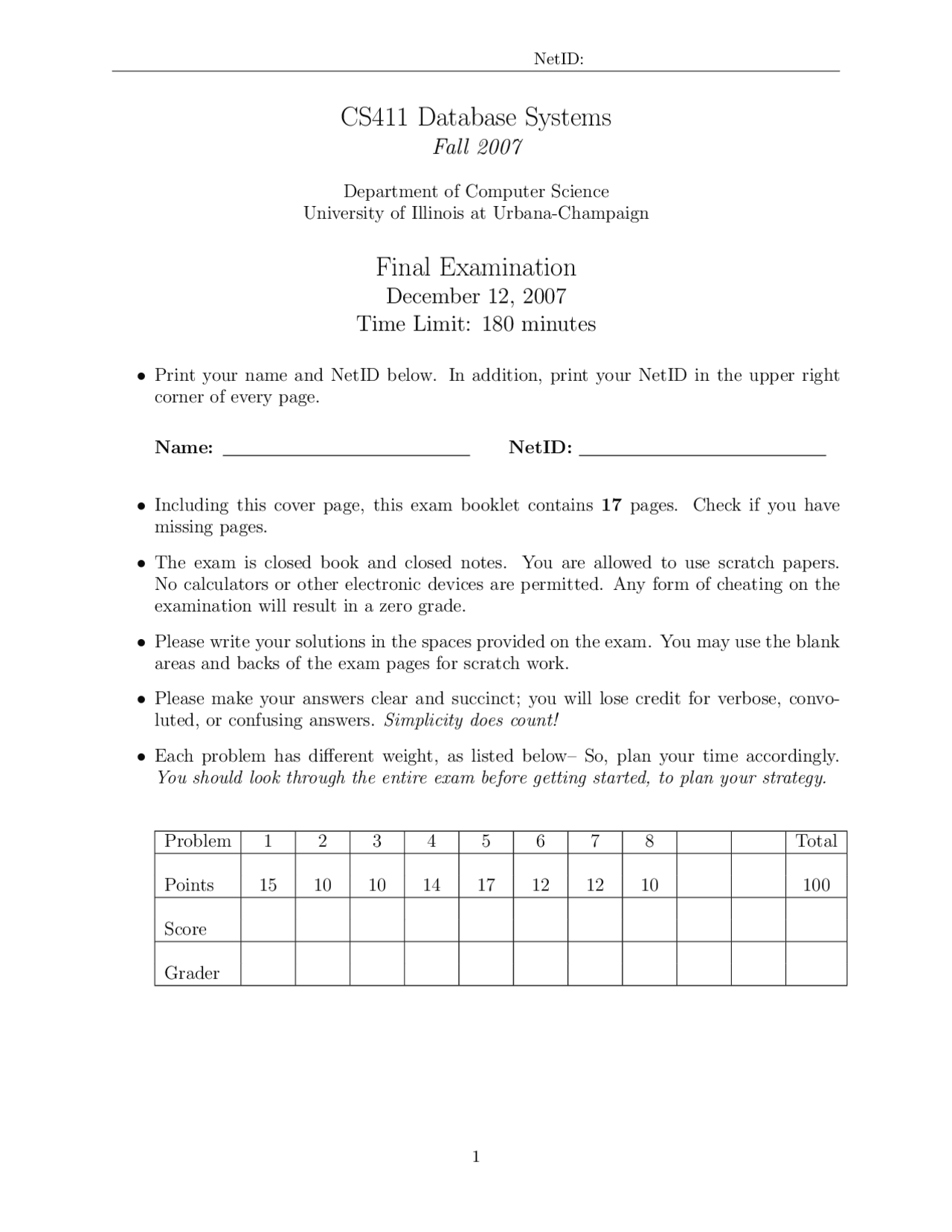 8 Problems on Database Structure - Final Examination | CS 411 - Docsity