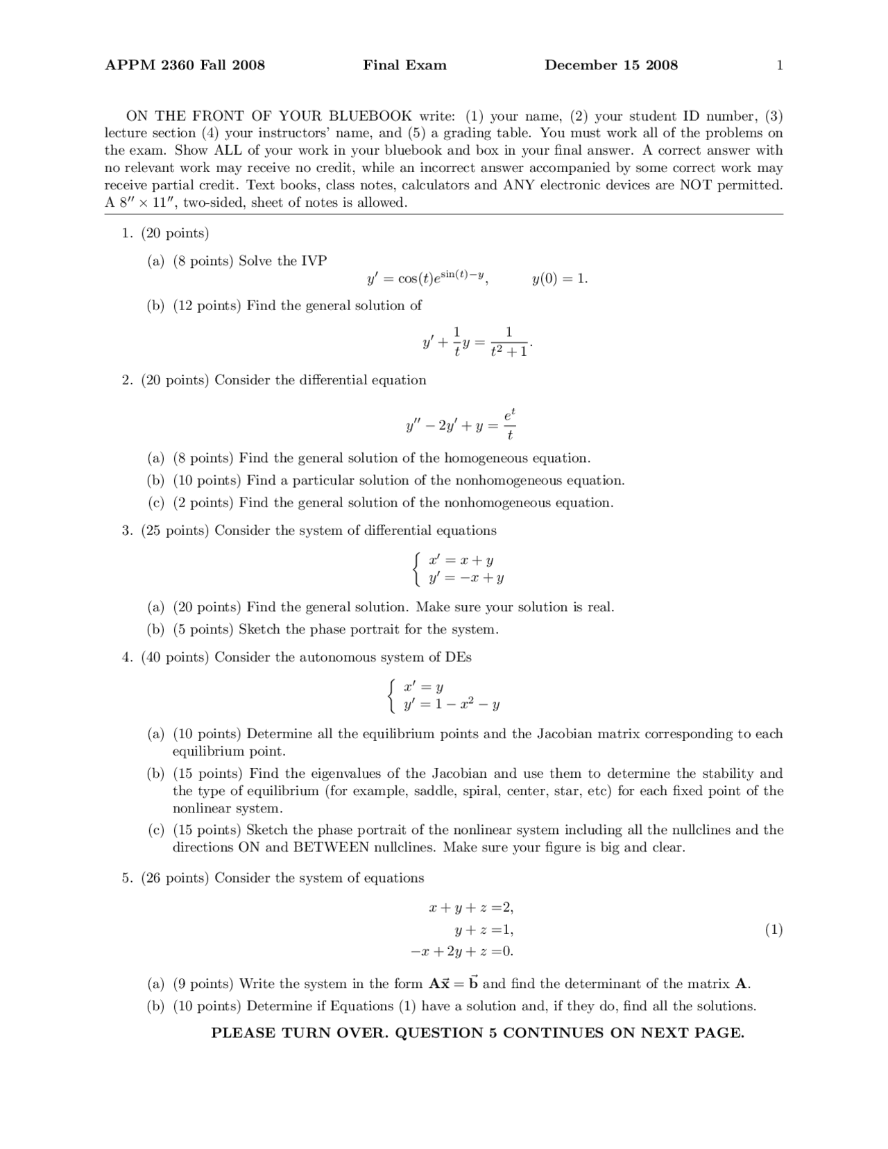 Solutions To Final Exam On Differential Equations With Linear Algebra