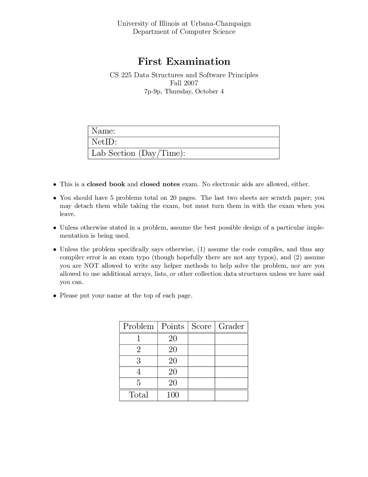 Data Structures Practice First Examination Cs 225 Docsity