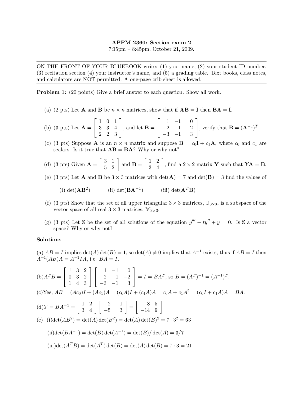 Matrix Algebra Problem Solutions - Prof. Keith Julien | Exams Mathematics | Docsity