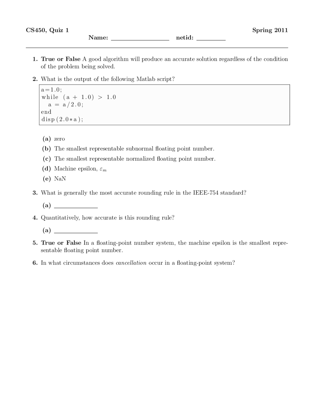 Output of MATLAB, Rounding Rule - Quiz 1 - Numerical Analysis | CS 450 ...