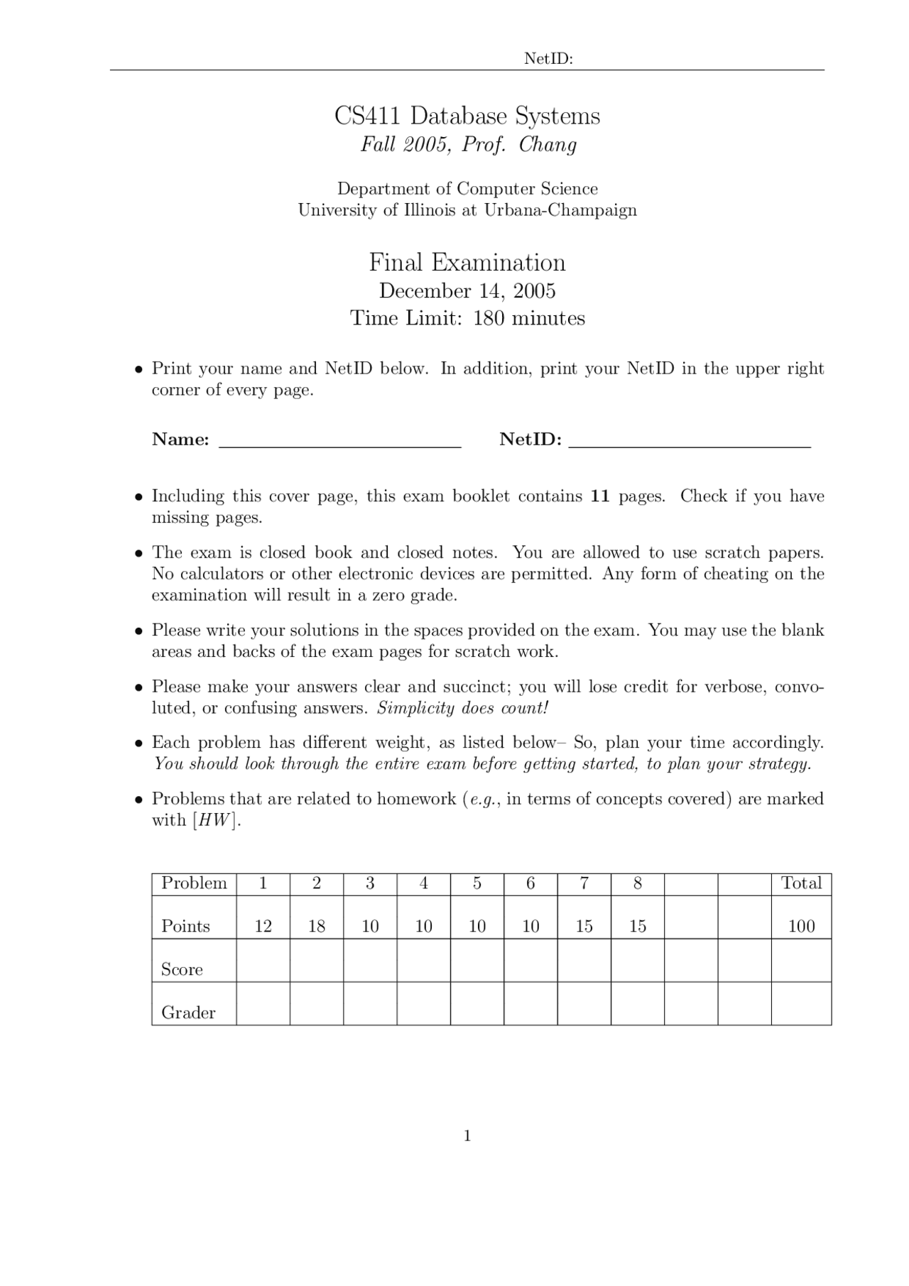 CS411 Database Systems Final Exam, UIUC, Fall 2005 - Prof. Kevin C ...