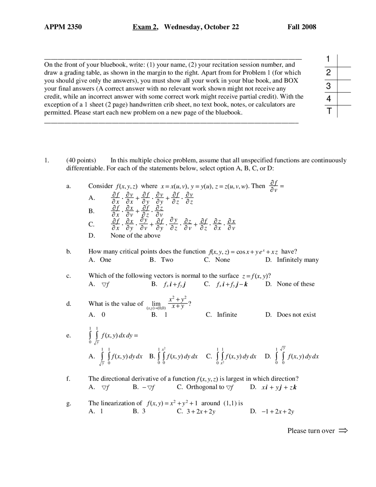 Exam 2 With Solution Calculus 3 For Engineers Appm 2350 Docsity