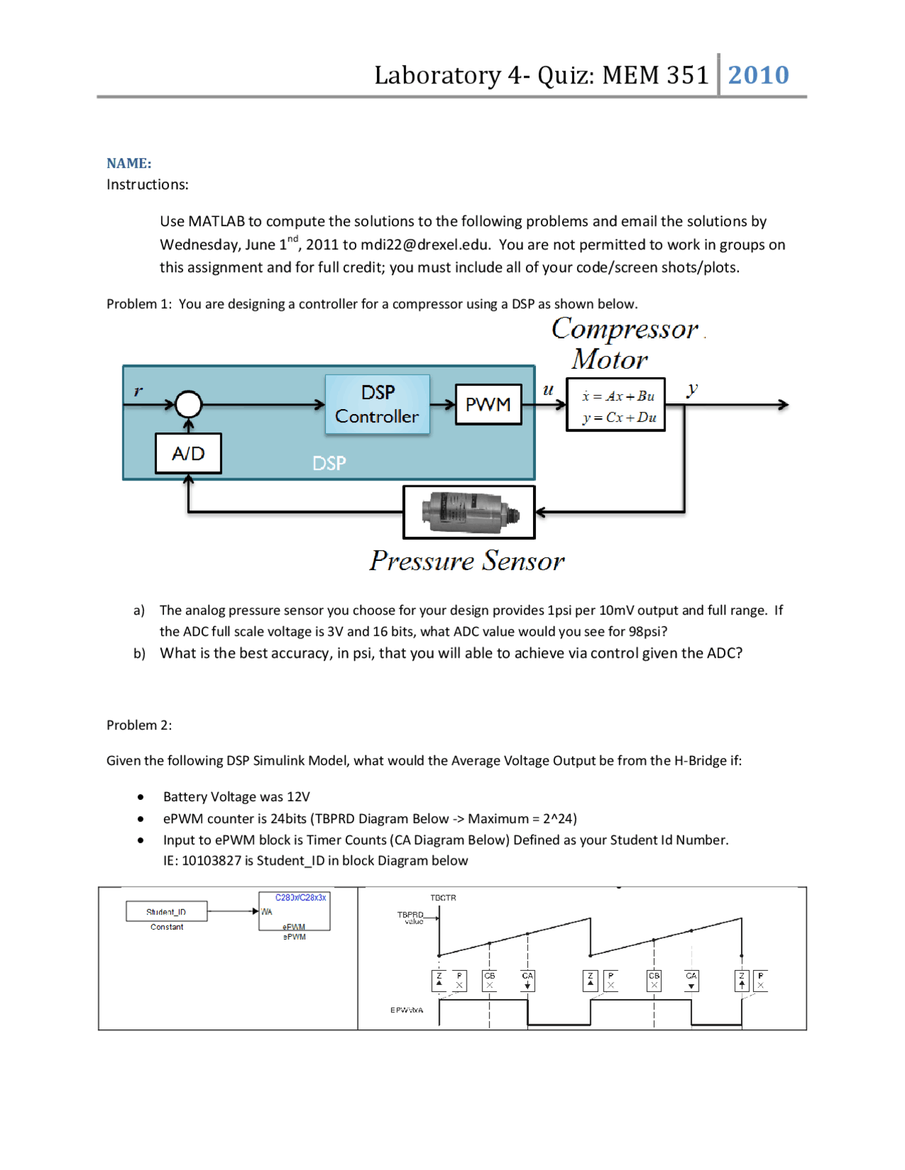 MATLAB, Pressure Sensor - Lab Quiz - Dynamic Systems Laboratory I | MEM 351 - Docsity