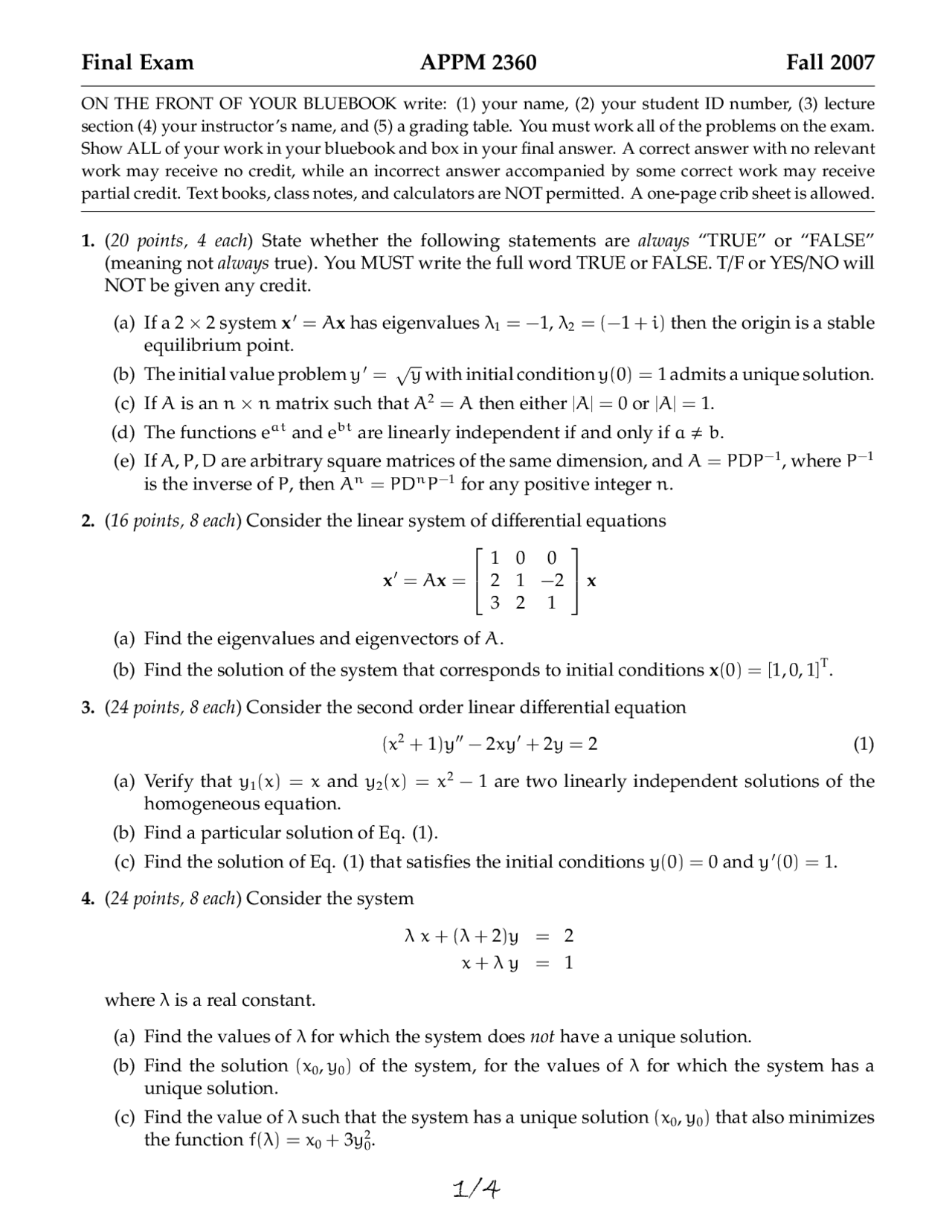 Differential Equations With Linear Algebra Final Exam With Resolution