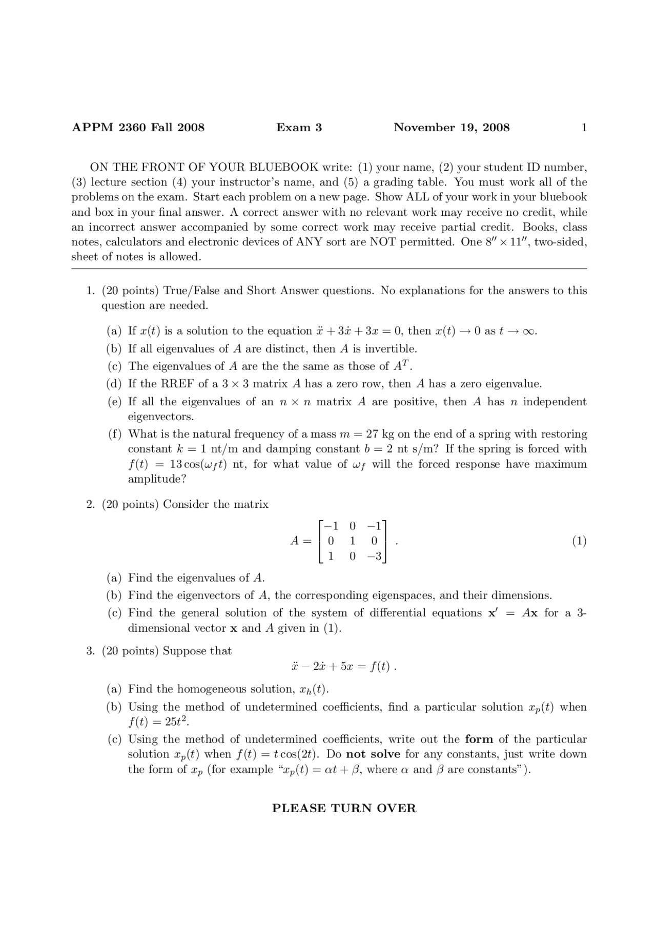 Past Exam 3 With Resolution Differential Equations With Linear