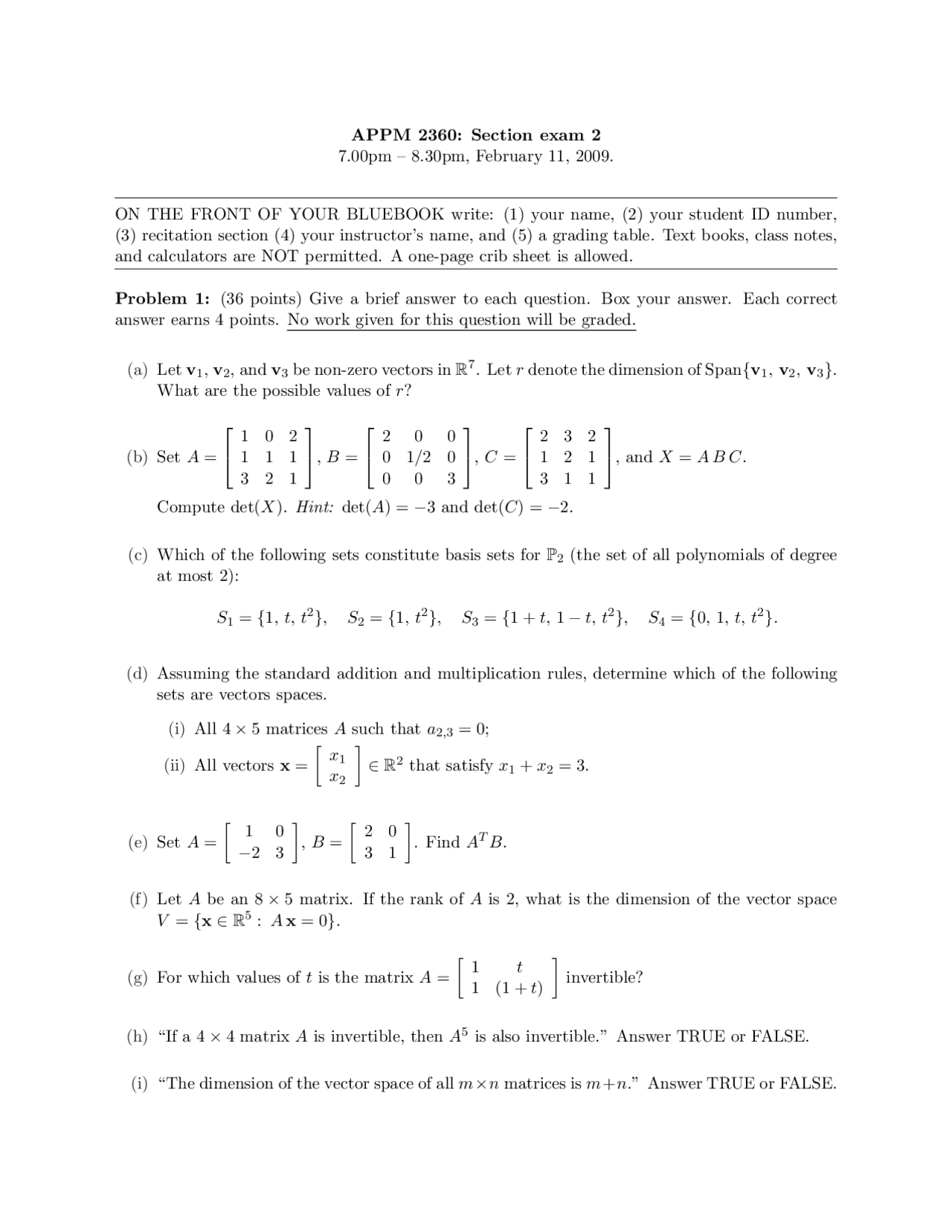 5 Problems with Solutions - Exam 2 | APPM 2360 | Exams Mathematics | Docsity