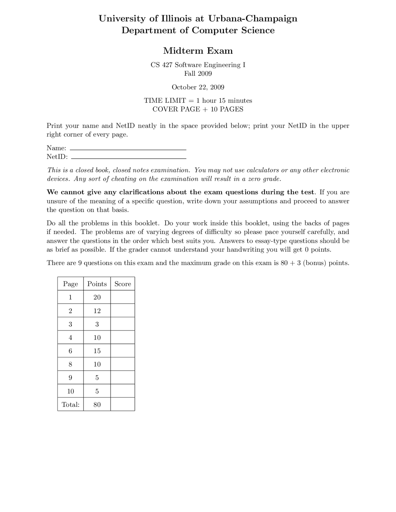 Midterm Exam With Questions Software Engineering I Cs 427 Exams