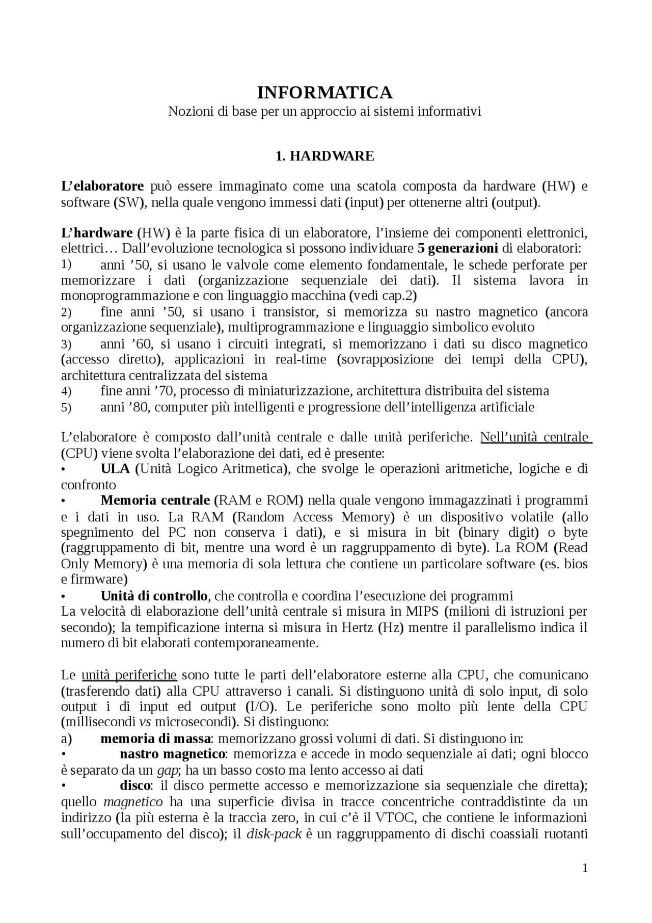 Informatica - Nozioni di Base per un approccio ai sistemi informativi - Docsity