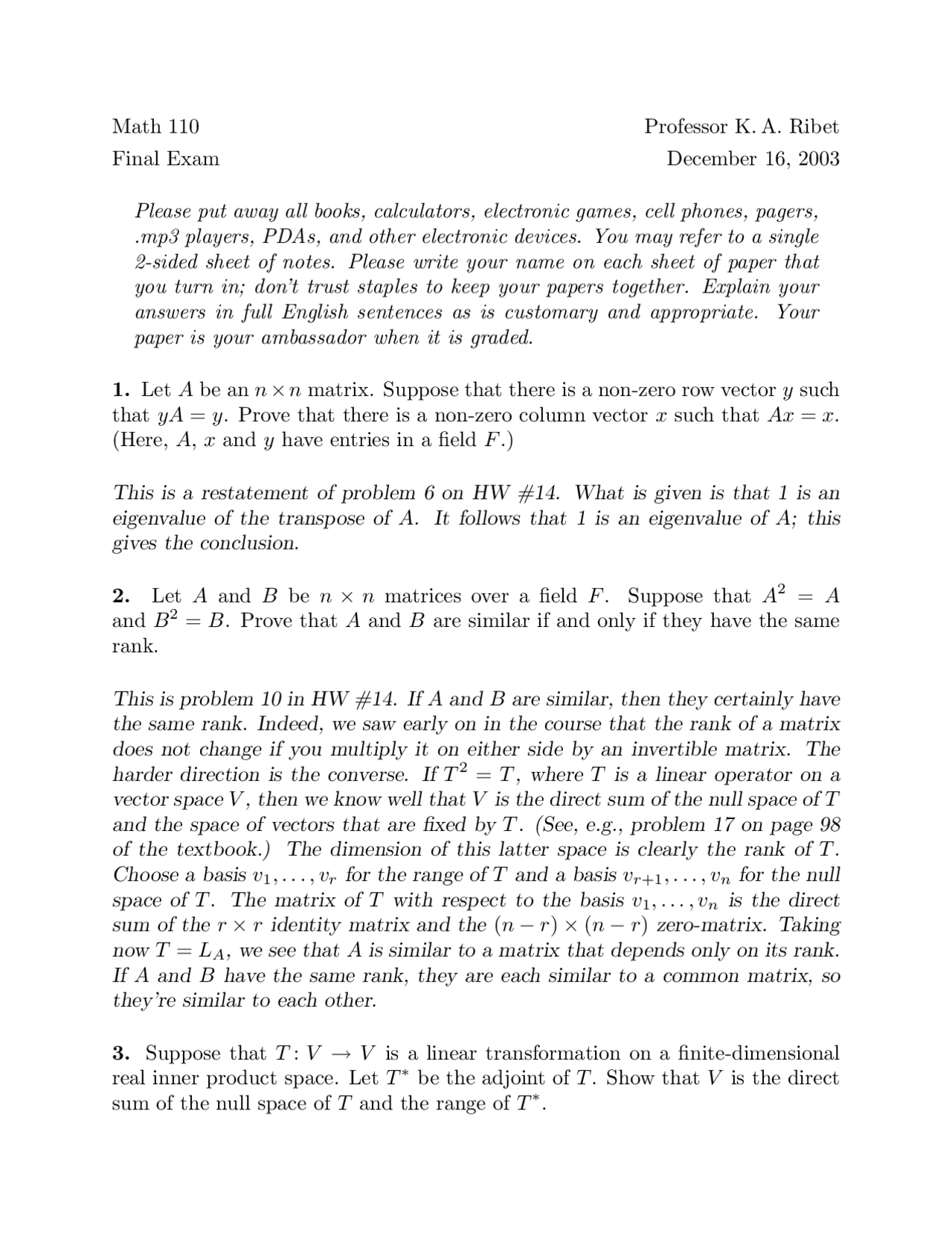 Solution To Final Exam Linear Algebra Math 110 Docsity