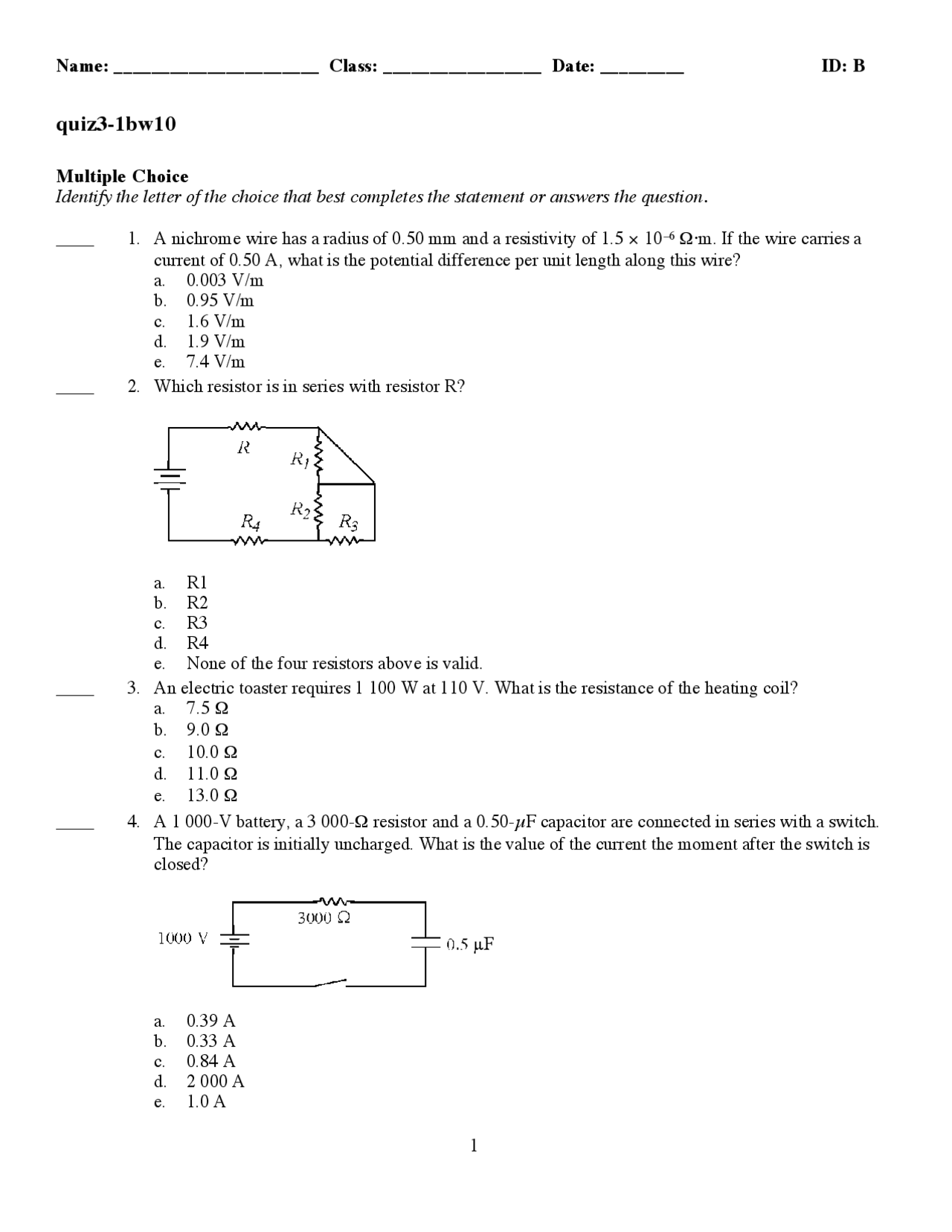 Quiz 3 with Multiple Choice Questions - Electricity and Magnetism ...