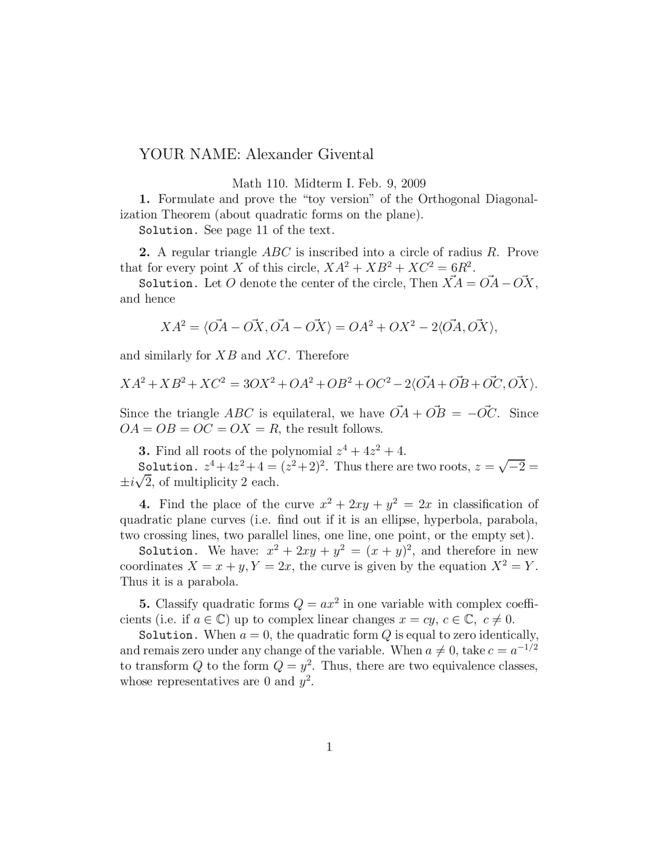5 Unsolved Questions Exam 1 Linear Algebra Math 110 Docsity