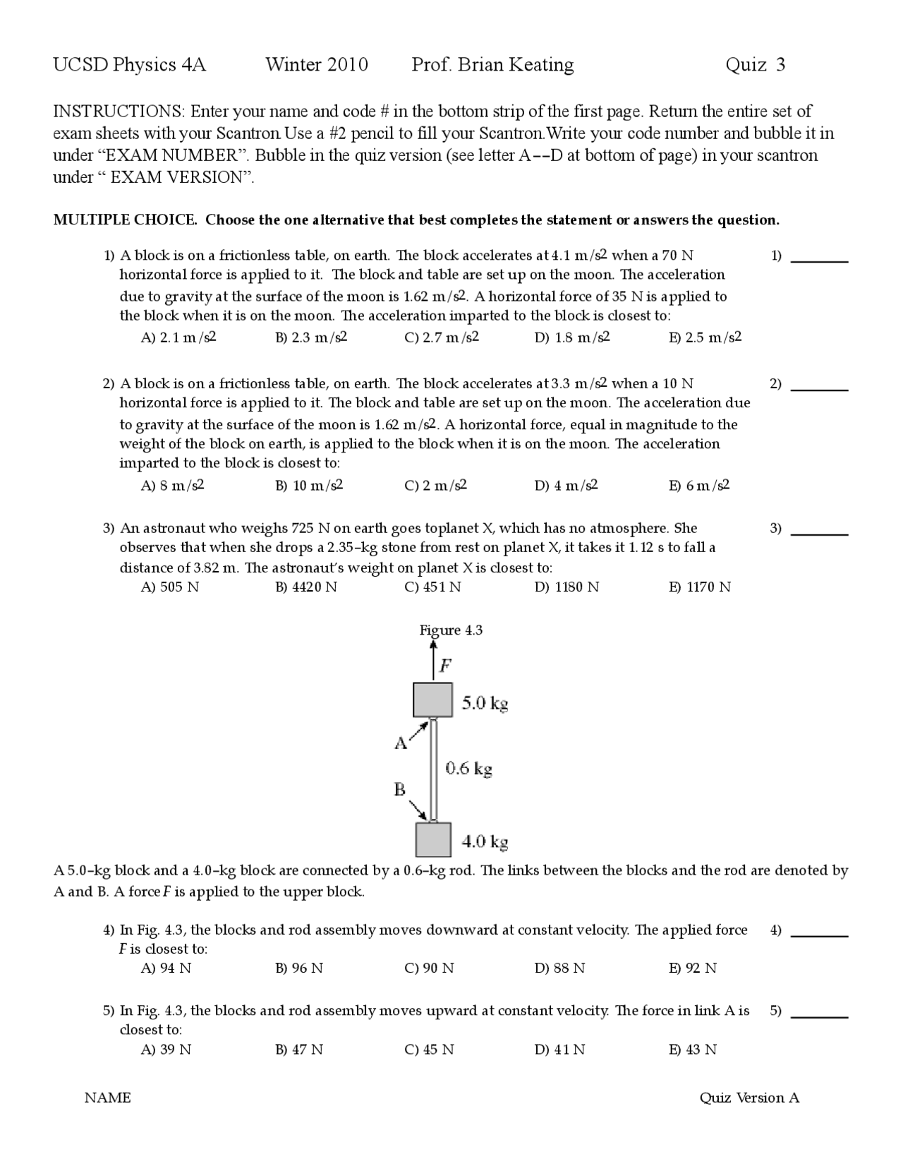 Solved Questions for Quiz 3 - Physics Majors Mechanics | PHYS 4A - Docsity