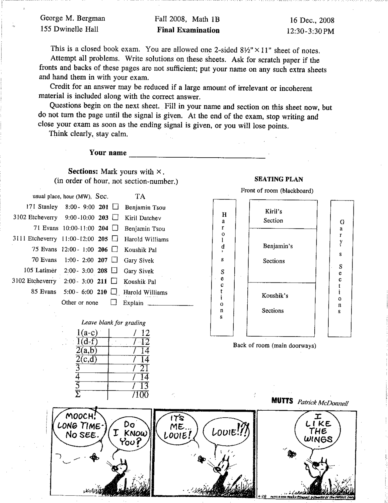 Final Exam - 5 Questions on Calculus | MATH 1B | Exams Calculus | Docsity