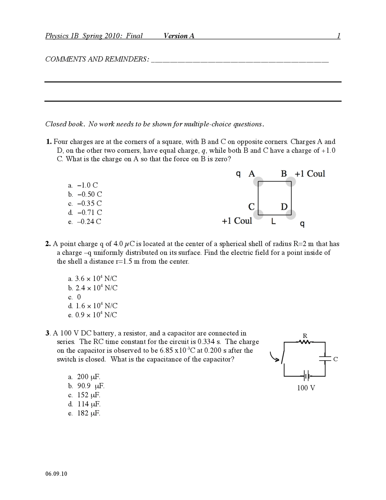Final Exam With Solutions Electricity And Magnetism Phys 1b Docsity