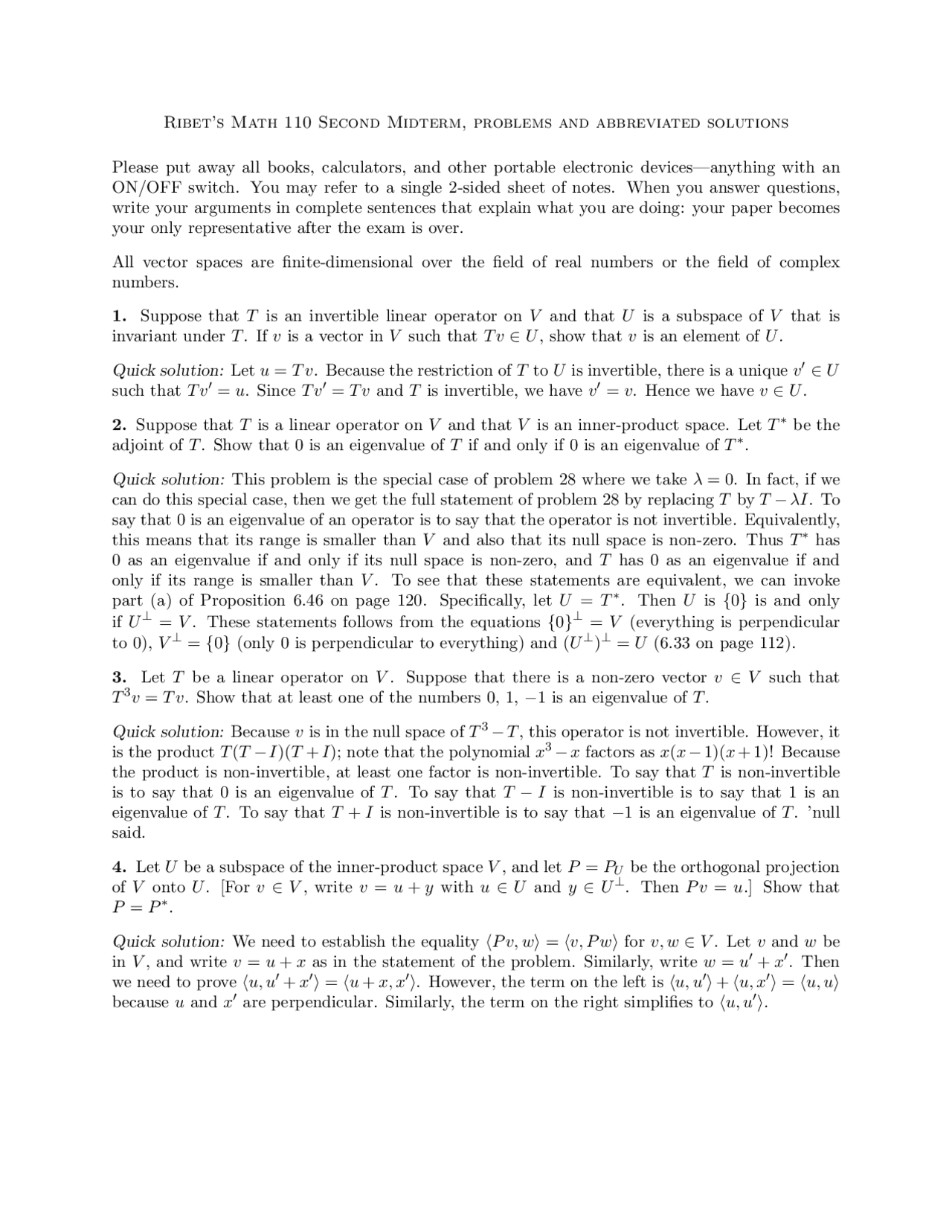 Second Midterm Exam 2 With Solution Linear Algebra Math 110 Docsity
