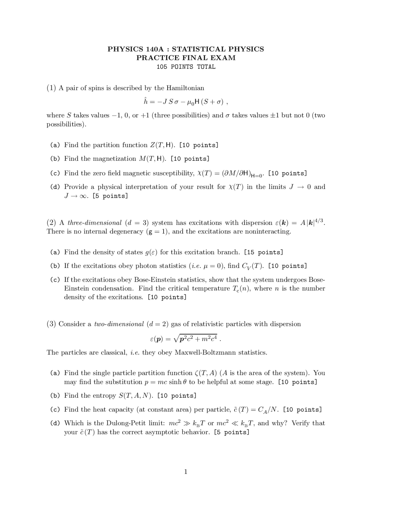 Final Exam Practice Problems Statistical And Thermal Physics Phys