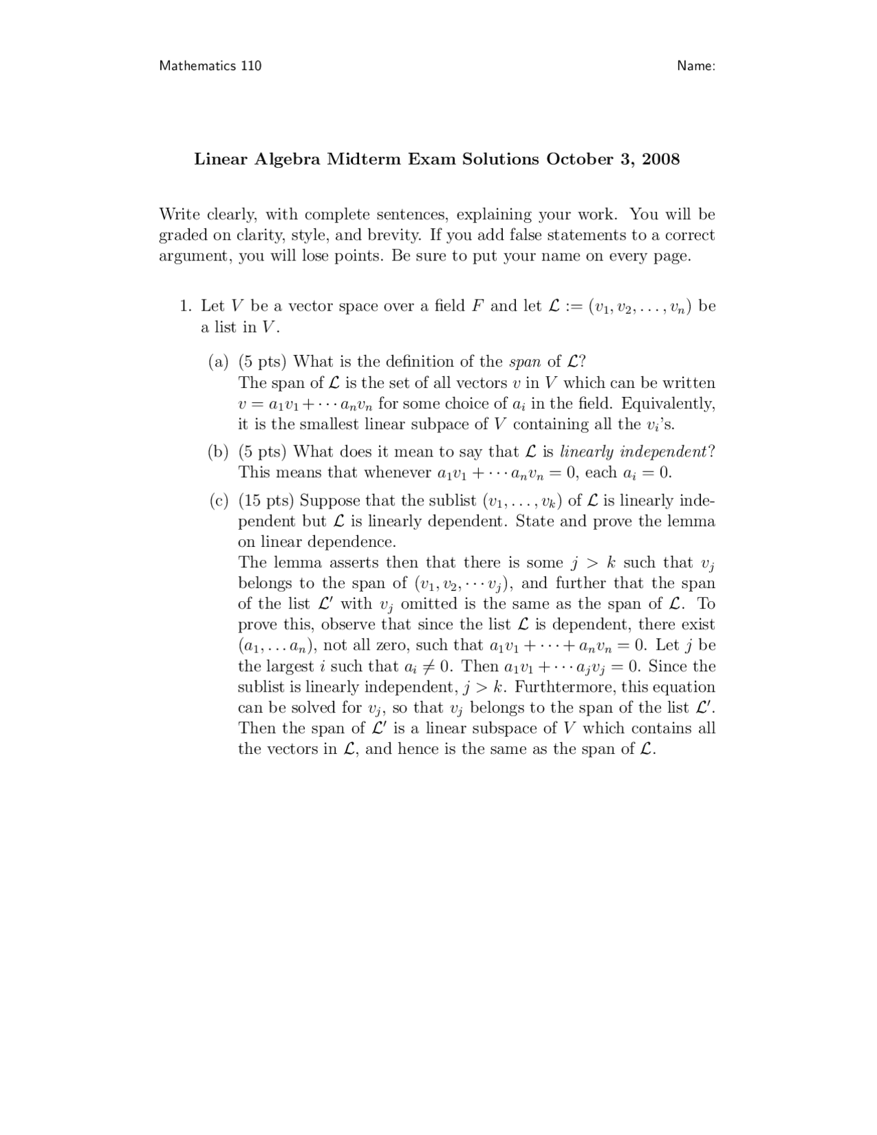 Linear Algebra Solutions To Midterm Exam Math 110 Docsity
