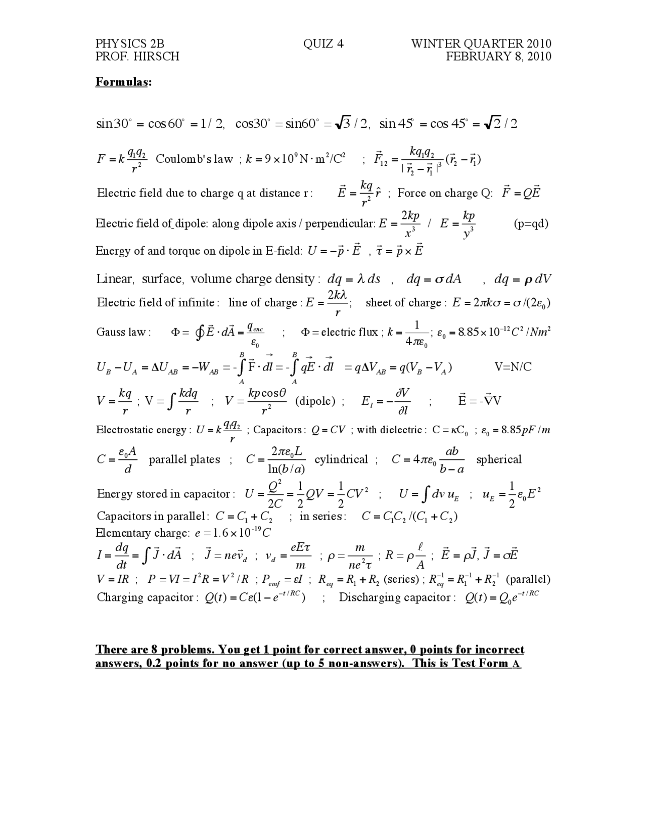 Quiz 4 Physics Formulas Electricity And Magnetism Phys 2b Docsity