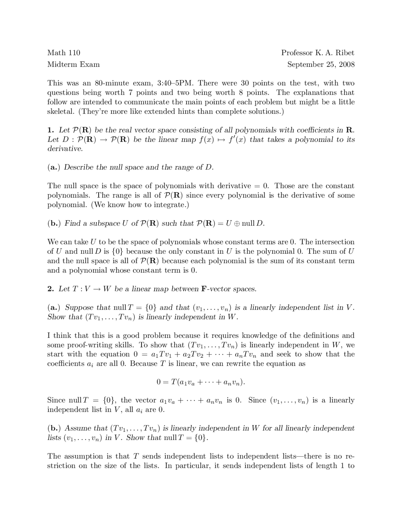 Midterm Exam Solutions For Linear Algebra Math 110 Docsity