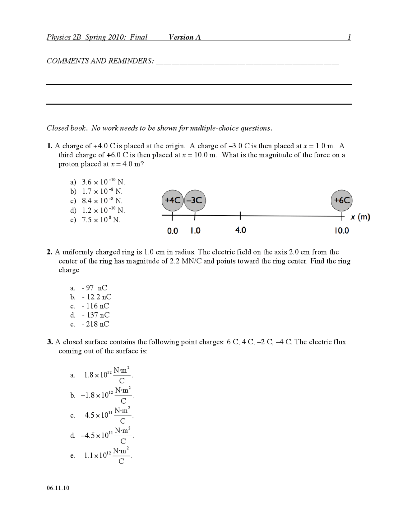Final Exam Version A - Physics Electricity and Magnetism | PHYS 2B ...
