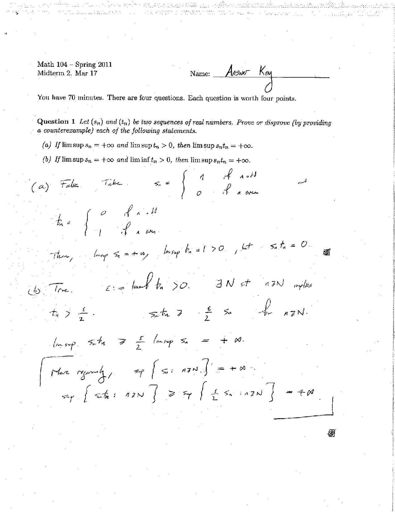 Exam 2 with Answer Key - Introduction to Analysis - Spring 2011 | MATH 104 | Exams Mathematics ...
