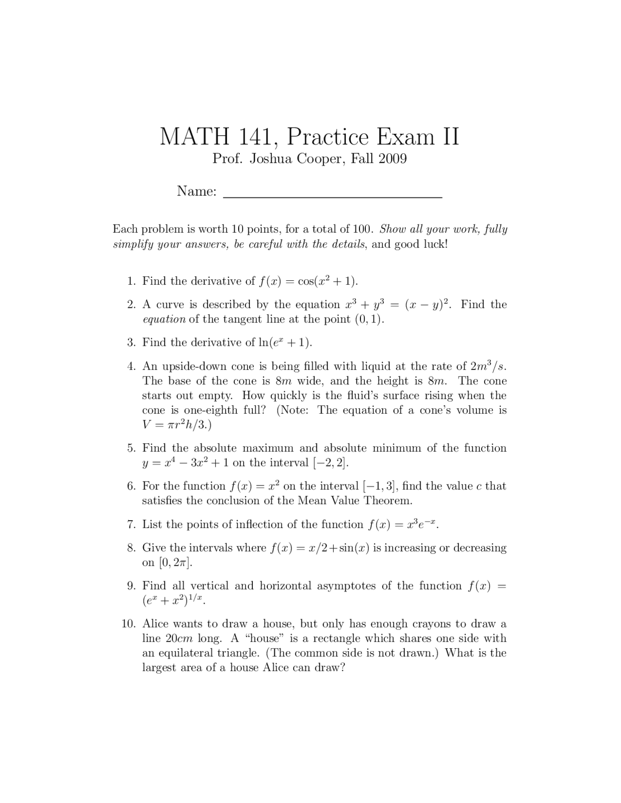 Practice Exam #2 with Solutions - Calculus I | MATH 141 - Docsity