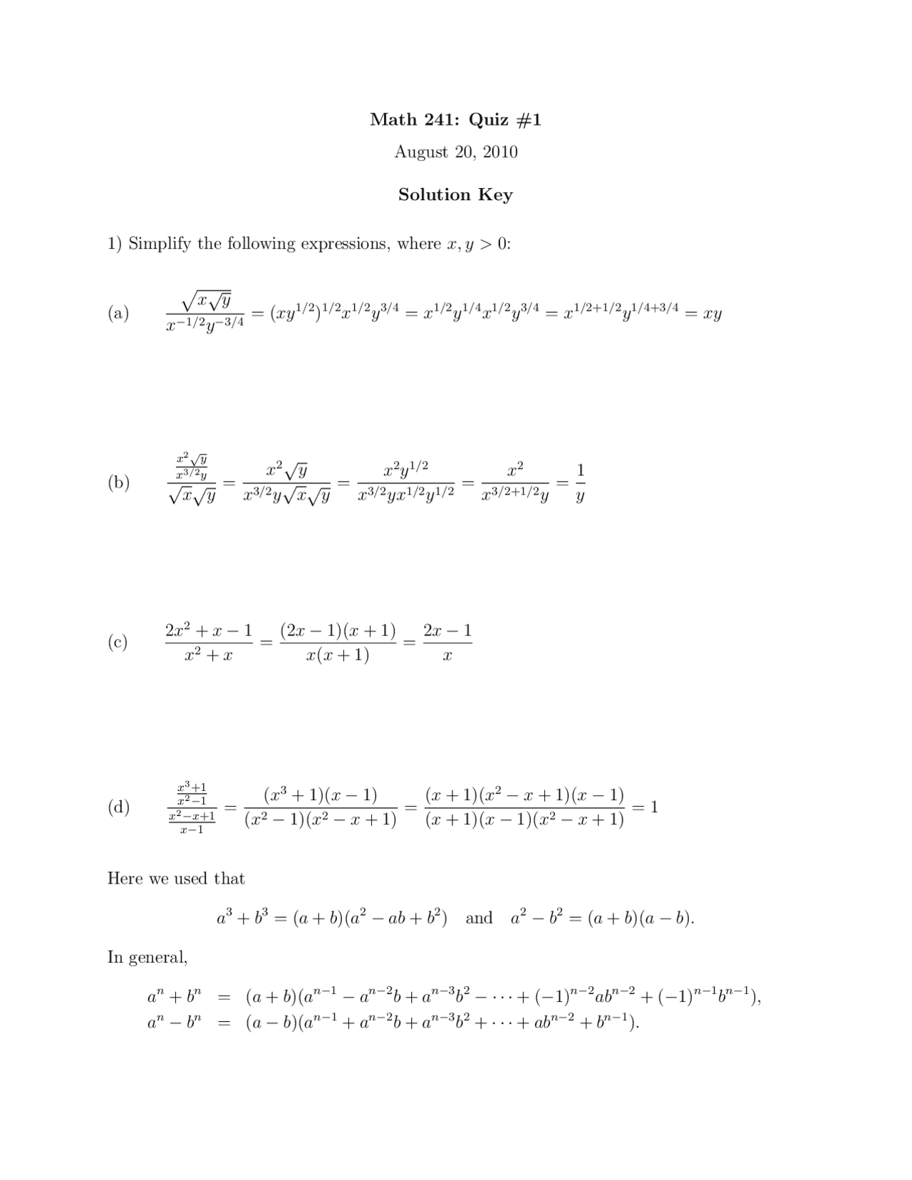 Quiz 1 To Simplify Expressions Vectors Calculus Fall 2010 Math