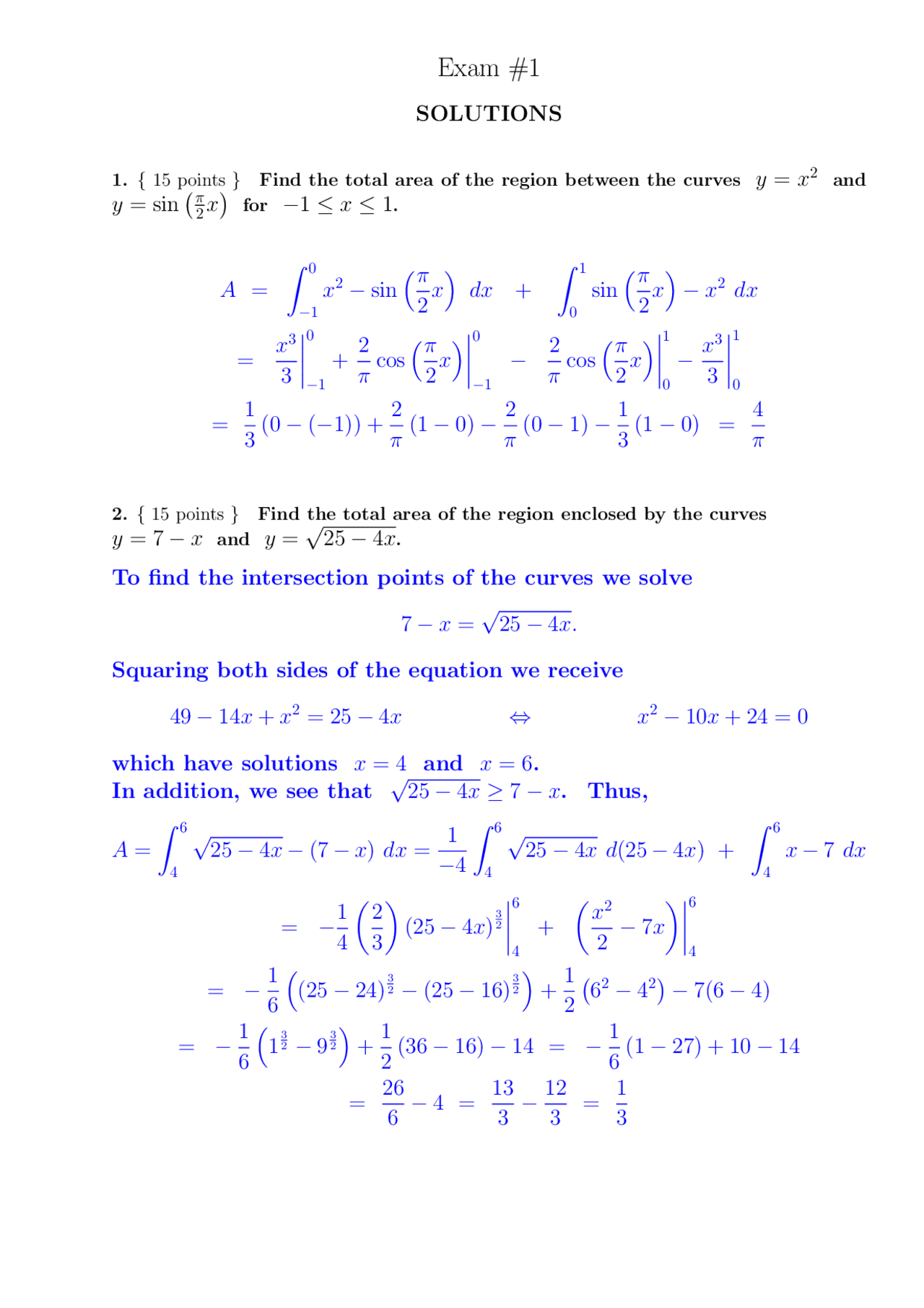 Exam 1 Questions with Solutions - Calculus ll | MATH 142 - Docsity