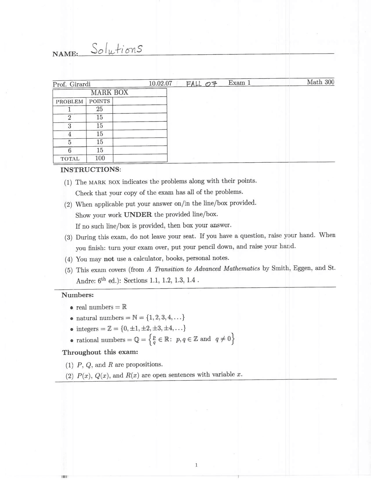 Examination 1 with Resolution - Transition to Advanced Mathematics ...