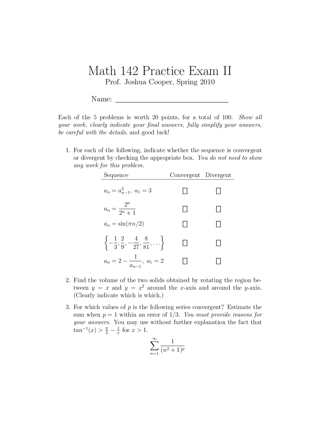 Examination II with 5 Problems on Calculus II | MATH 142 | Exams Mathematics | Docsity