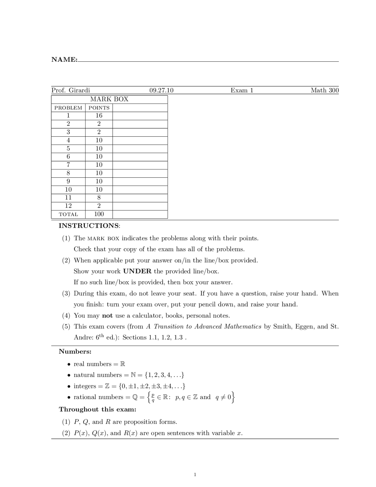 Exam 1 For Transition To Advanced Math Math 300 Docsity