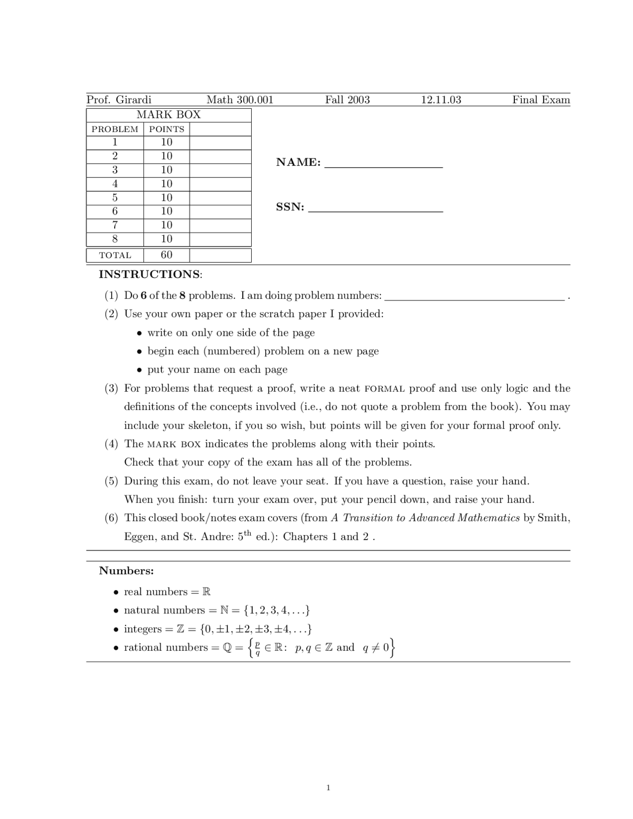 Final Exam Study Guide - Transition to Advanced Mathematics | MATH 300 - Docsity