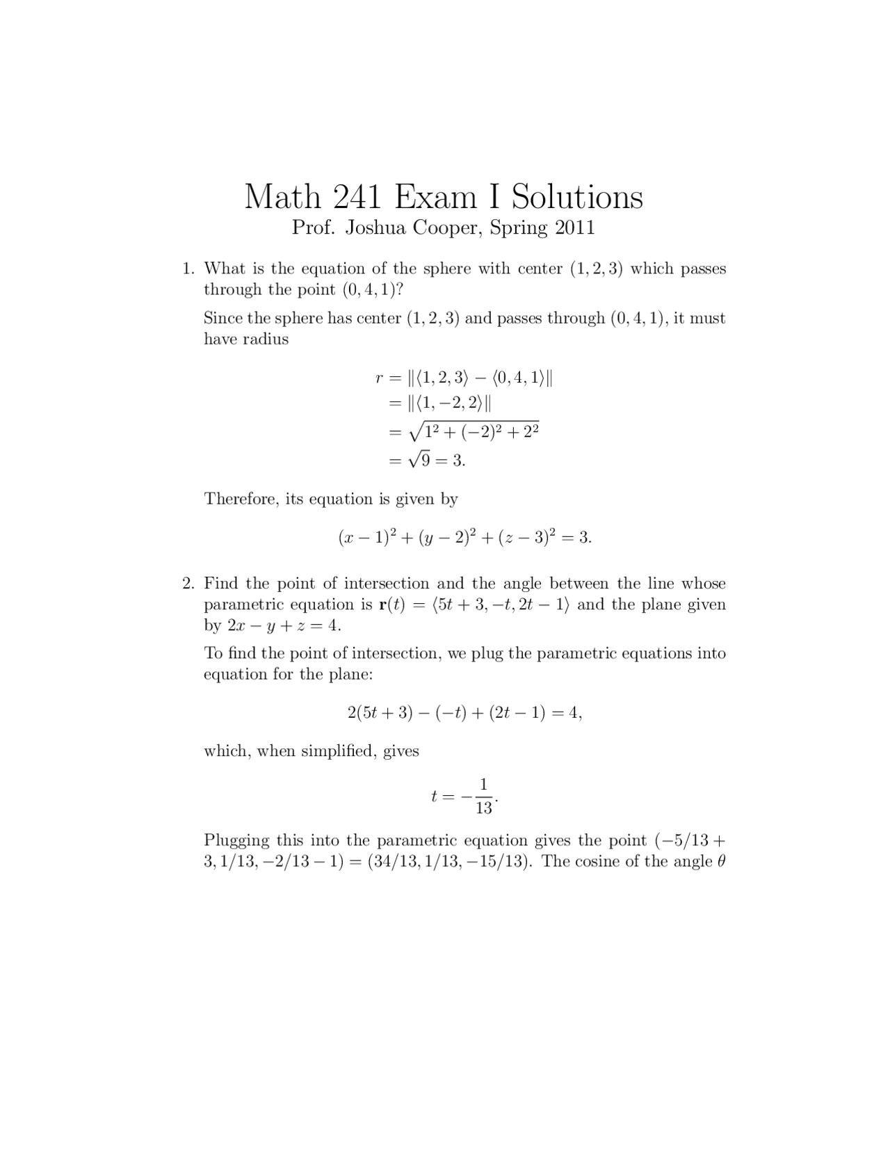 Exam 1 Solutions For Vector Calculus Math 241 Docsity