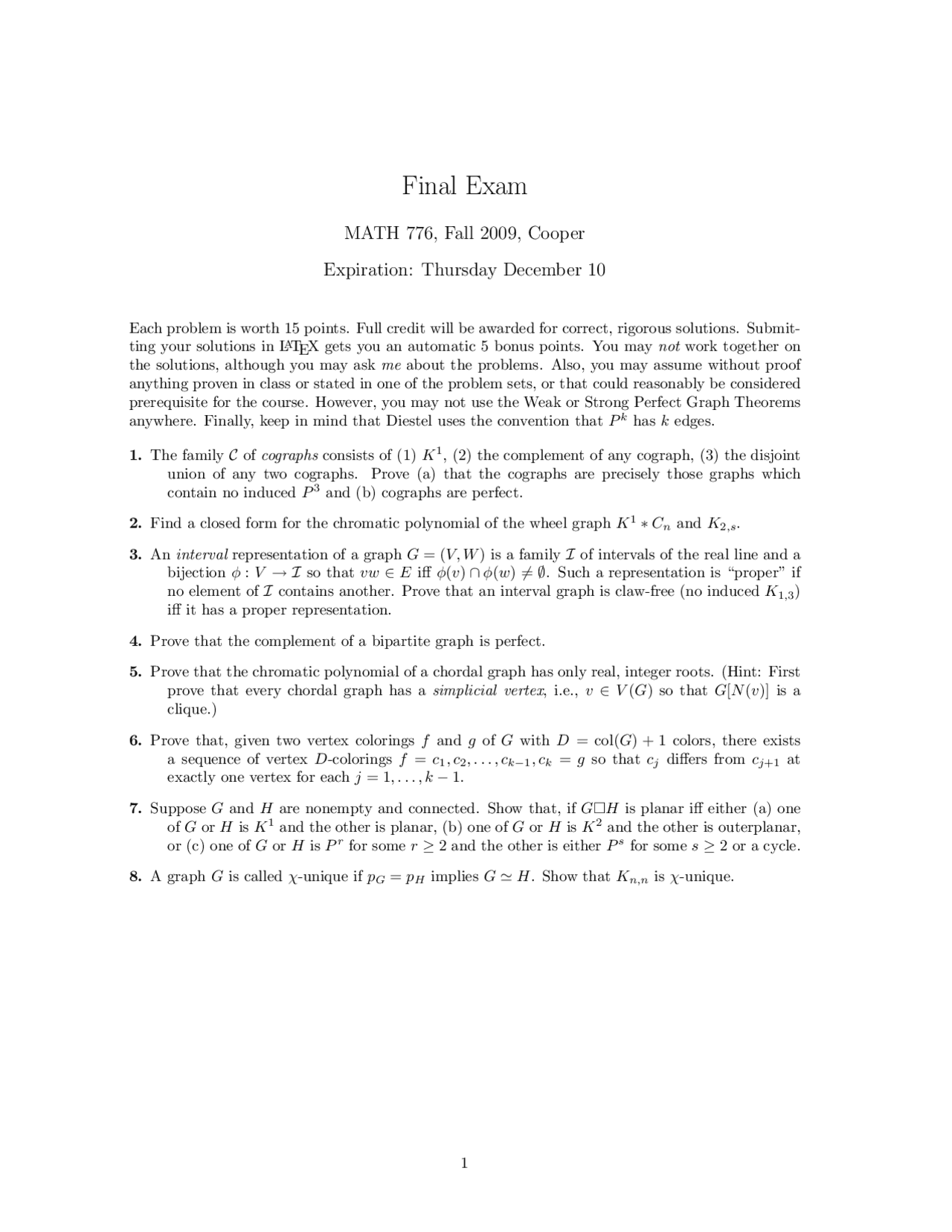 8 Questions On Final Exam Graph Theory I Math 776 Docsity