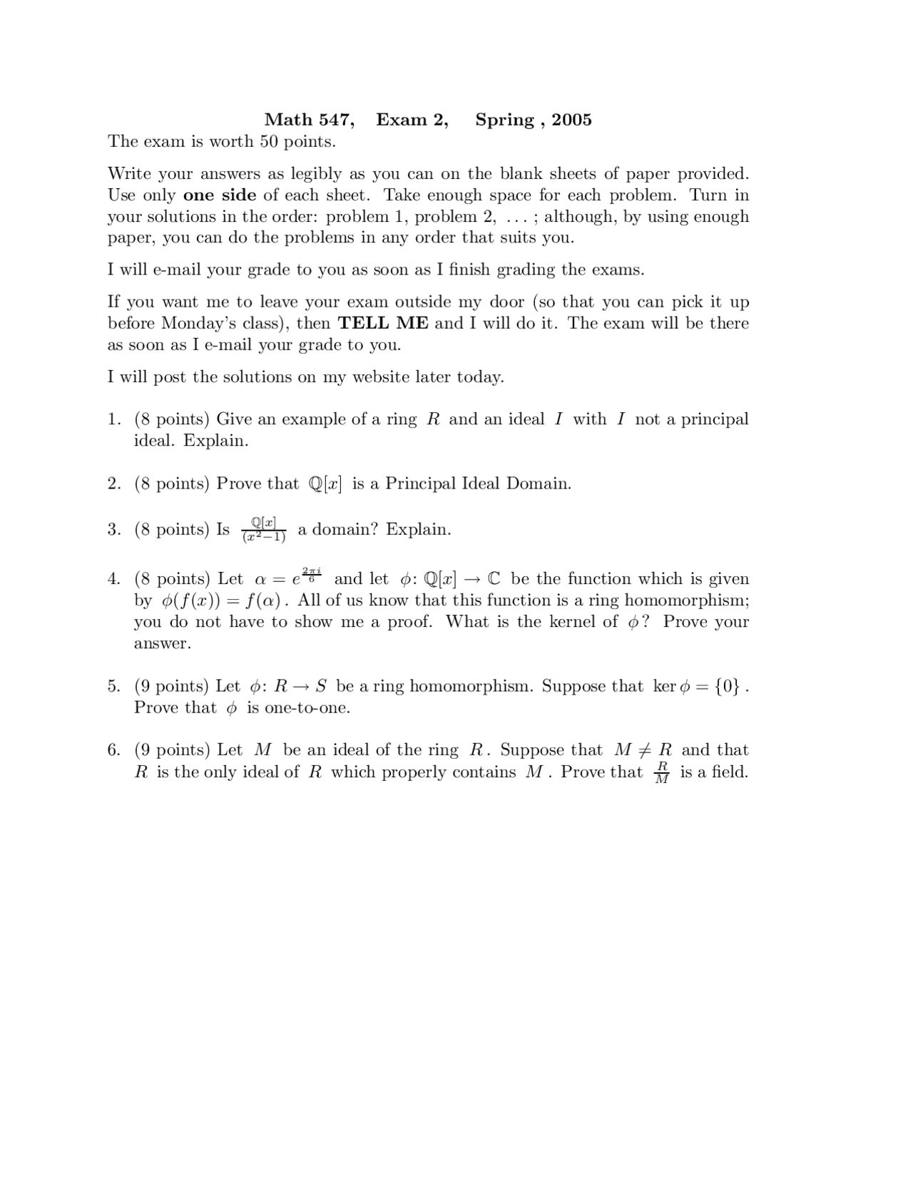 Midterm Exam Ii Questions Algebraic Structures Ii Math 547 Docsity