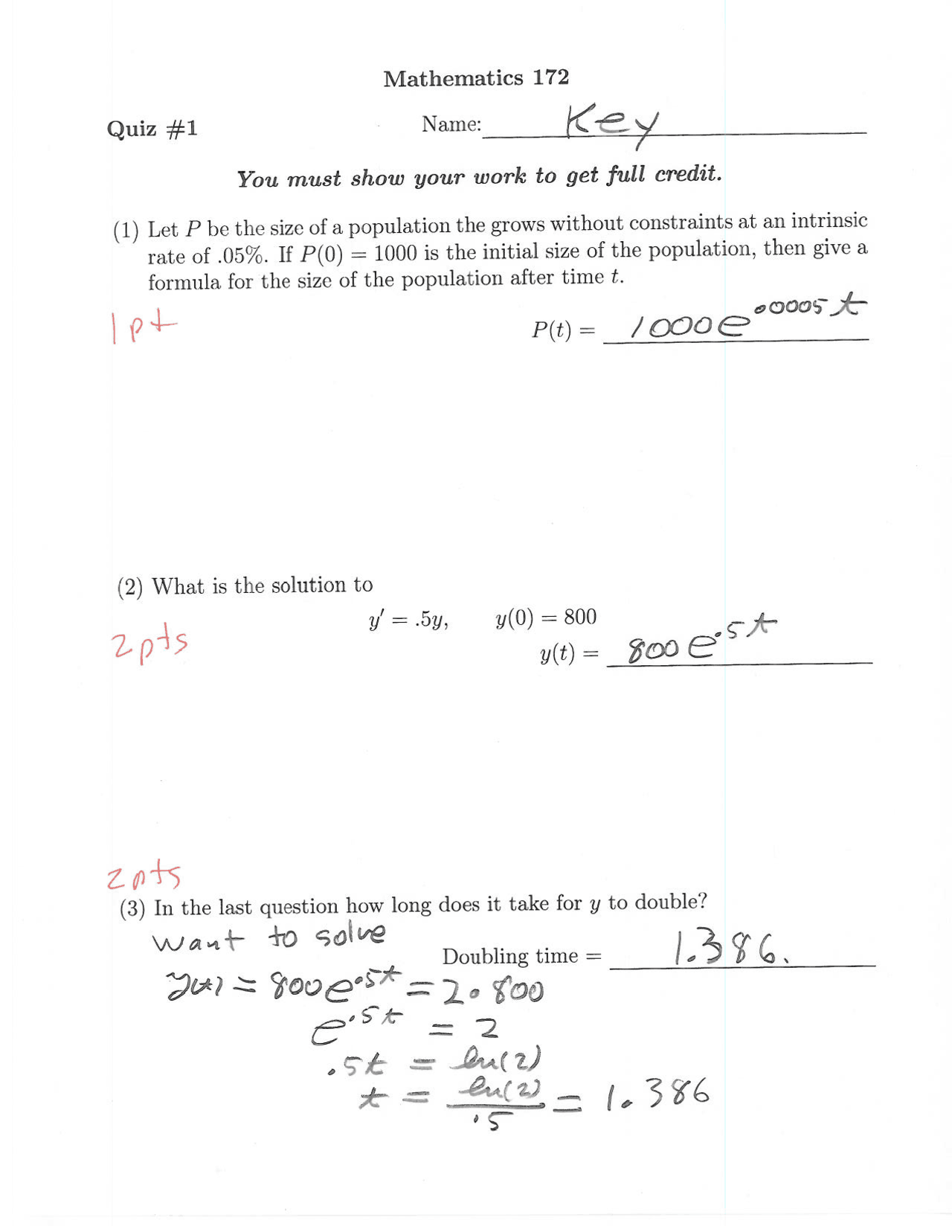 3 Problems On Math Modeling Life Science Quiz 1 Math 172 Docsity