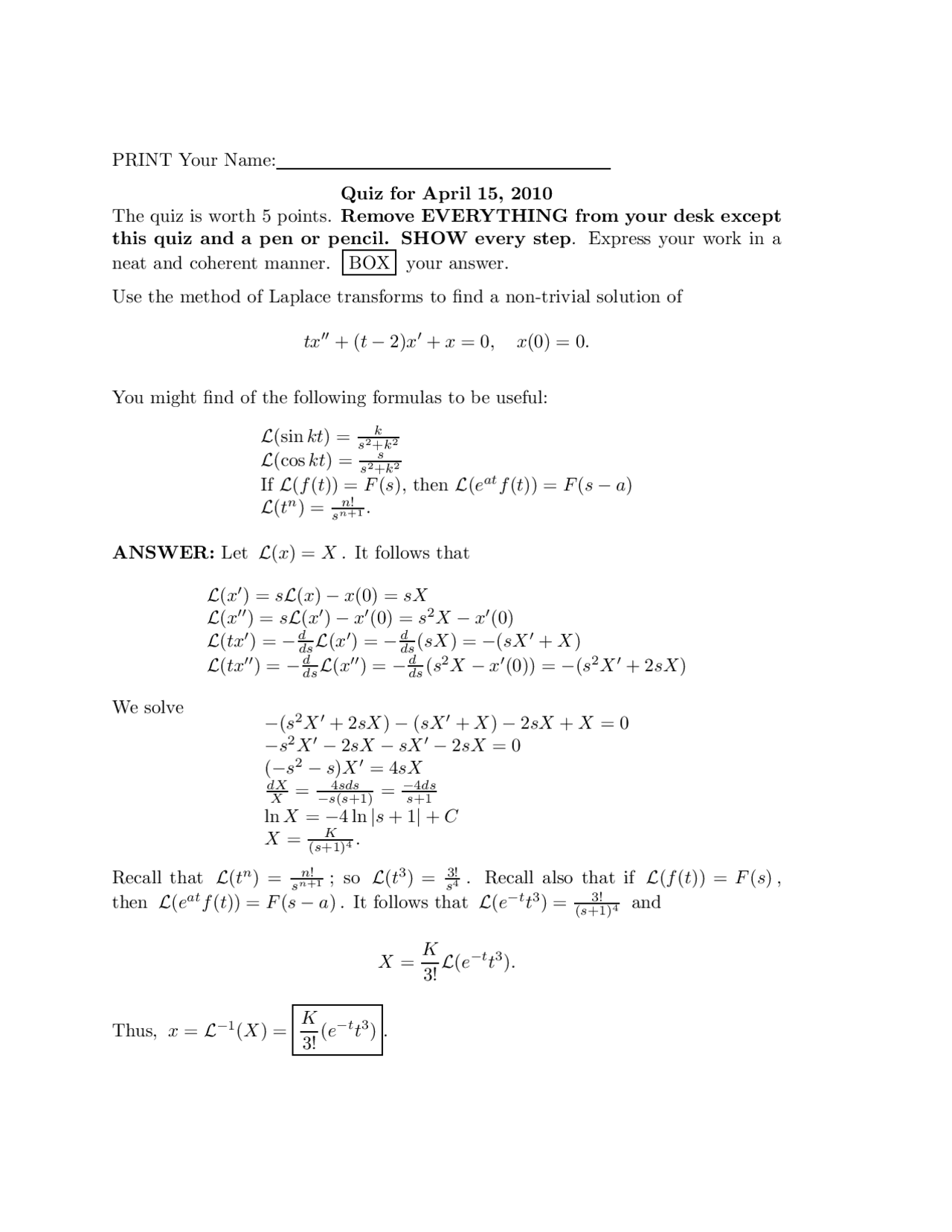 Quiz 10 With Answer Elementary Differential Equations Math 242