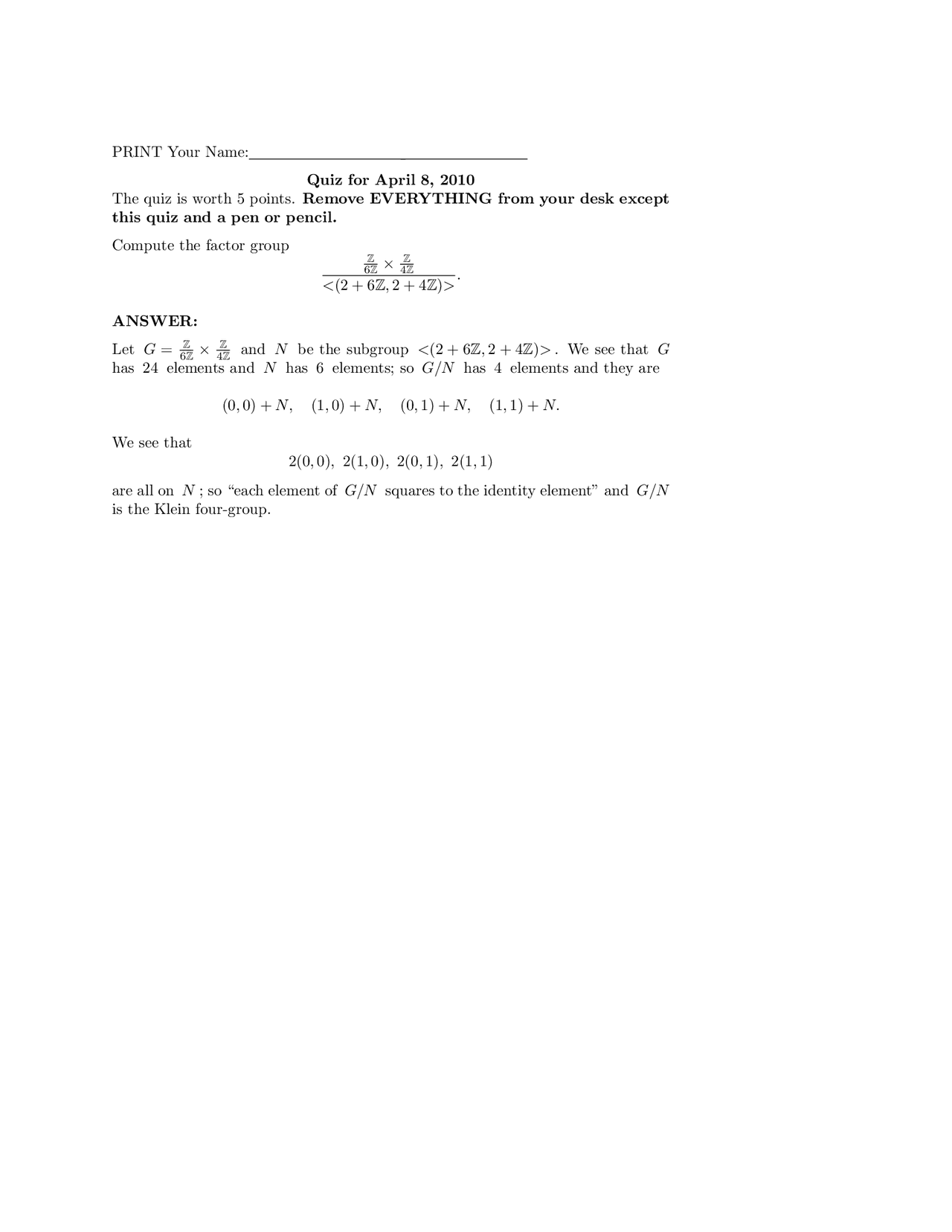 Solved Quiz 9 Algebraic Structures I 2010 Math 546 Docsity