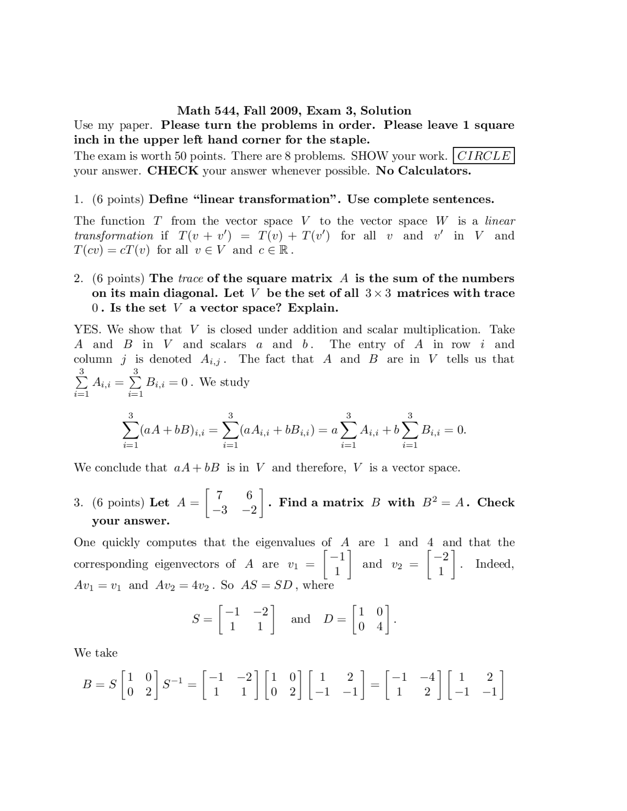 8 Solved Questions On Linear Transformations Exam 3 Math 544 Docsity