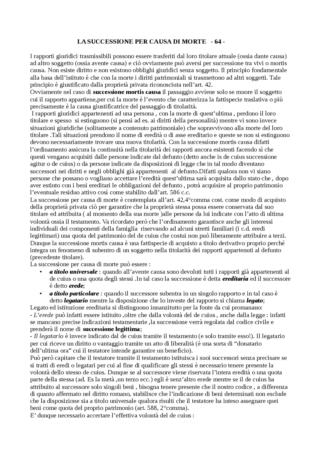 LA SUCCESSIONE PER CAUSA DI MORTE 64 (19 pg) - Docsity