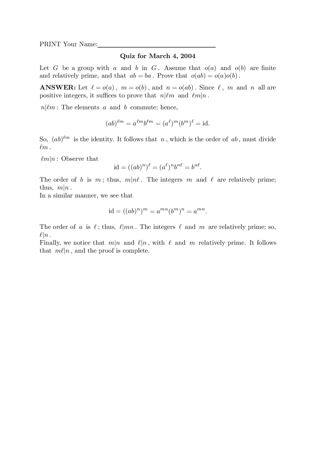 Quiz 6 With Resolution For Algebraic Structures I Math 546 Docsity